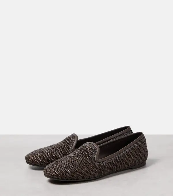 Brunello Cucinelli Leather-trimmed Raffia Slippers - Brown