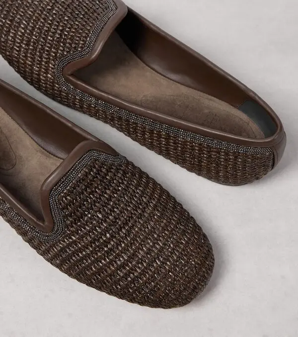 Brunello Cucinelli Leather-trimmed Raffia Slippers - Brown