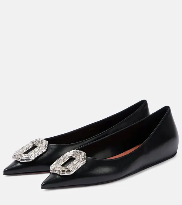 Amina Muaddi Camelia Embellished Leather Ballet Flats - Black