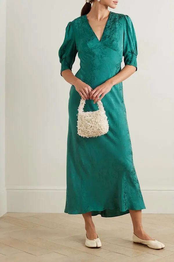 Rixo Zadie Satin-Jacquard Midi Dress - Forest Green - 70% Off | Editorialist