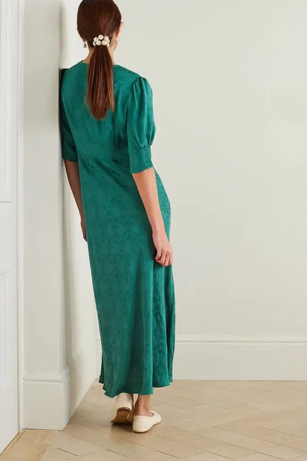 Rixo Zadie Satin-Jacquard Midi Dress - Forest Green - 70% Off | Editorialist