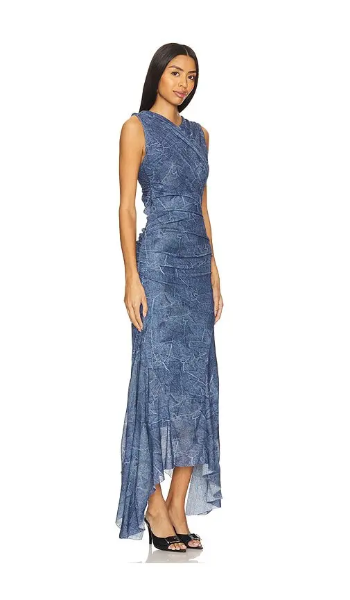 Ganni Marl Mesh Long Ruched Crossover Dress In Denim 41% Off