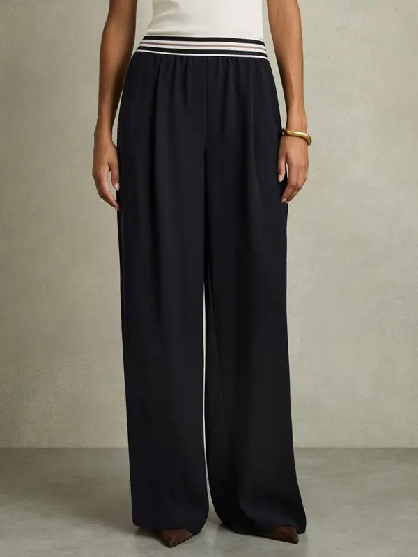 REISS Abs Stripe-waistband Wide-leg Trousers - Navy