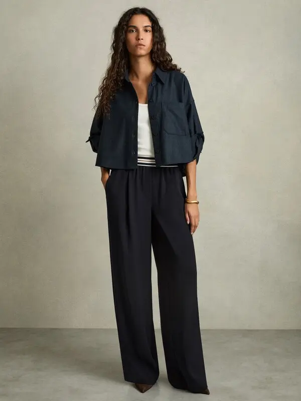 REISS Abs Stripe-waistband Wide-leg Trousers - Navy