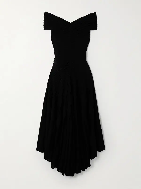 Alaïa Off-the-shoulder Asymmetric Ribbed Wool Midi Dress - Black