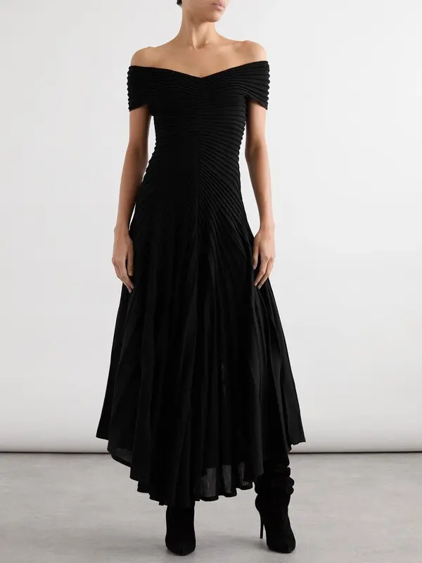 Alaïa Off-the-shoulder Asymmetric Ribbed Wool Midi Dress