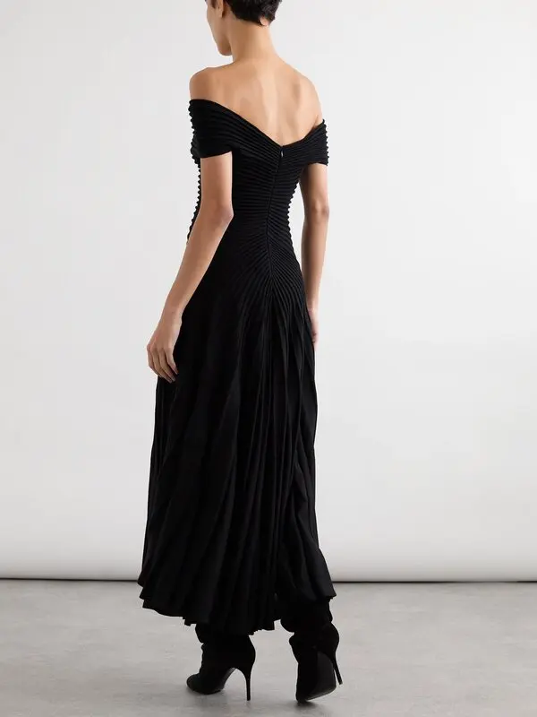 Alaïa Off-the-shoulder Asymmetric Ribbed Wool Midi Dress
