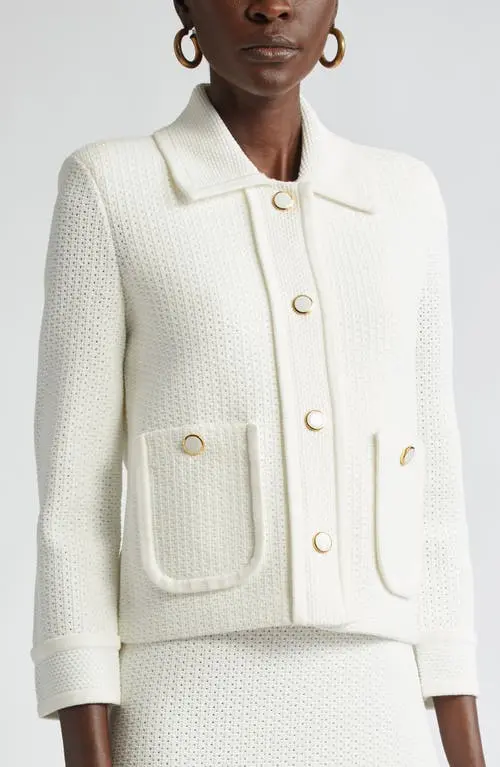 St. John Mixed Texture Knit Crop Jacket - Pearl