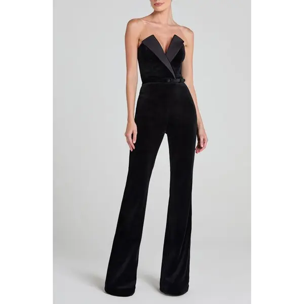 NADINE MERABI Vanessa Strapless Belted Velvet Flare Jumpsuit - Black