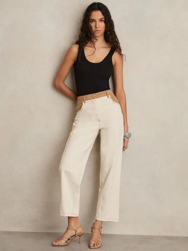 REISS Maddie Color-block Cropped Jeans - Ecru