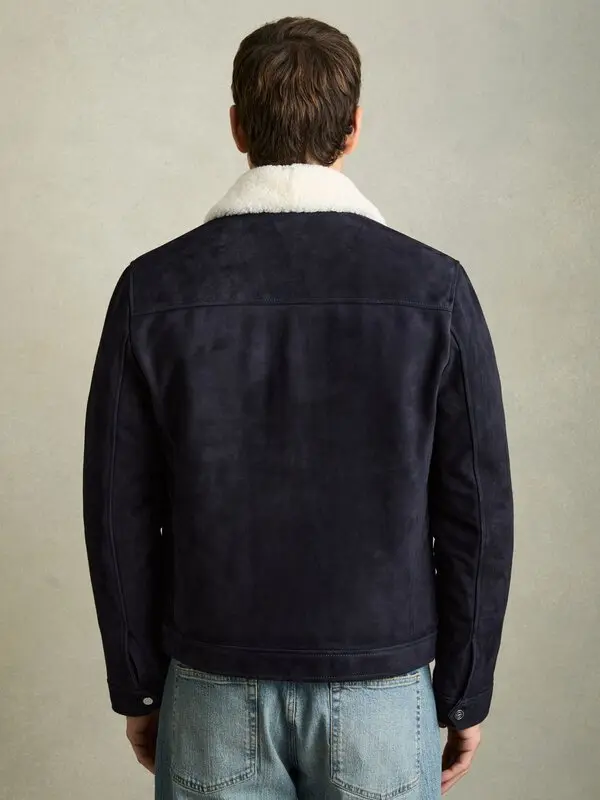 REISS Sandon Suede Jacket With Shearling Collar - Navy