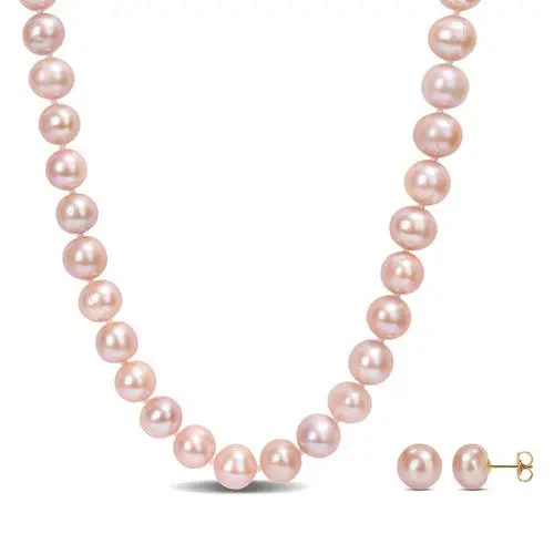 JULIANNA B. 14k Yellow Gold Cultured Pearl Necklace And Stud Earrings Set - Pink Pearl