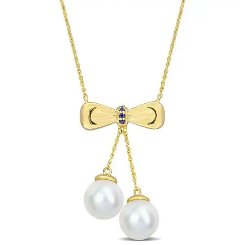 JULIANNA B. Cultured Pearl And Gemstone Bow Drop Necklace In 10k Yellow Gold - Sapphire