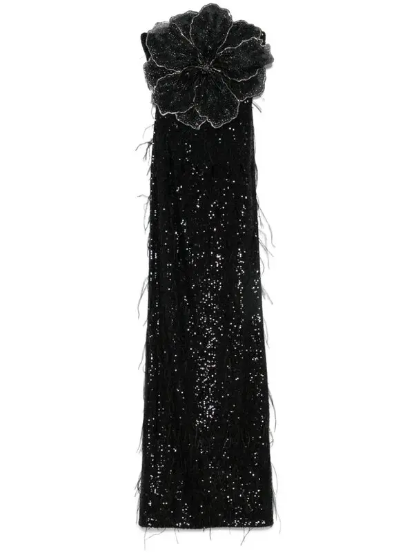 NISSA Floral-appliqué Sequined Maxi Dress