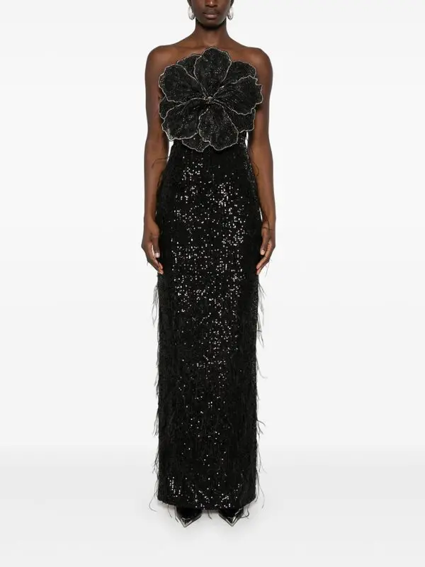 NISSA Floral-appliqué Sequined Maxi Dress