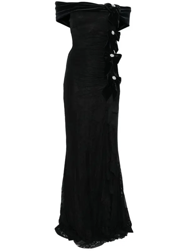 NISSA Bow-detail Lace Off-shoulder Maxi Dress