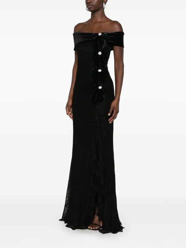 NISSA Bow-detail Lace Off-shoulder Maxi Dress