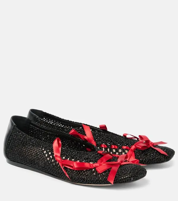 Simone Rocha Red Bow-detail Crochet Ballet Flats