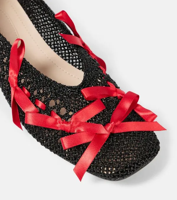 Simone Rocha Red Bow Detail Crochet Ballet Flats - Black