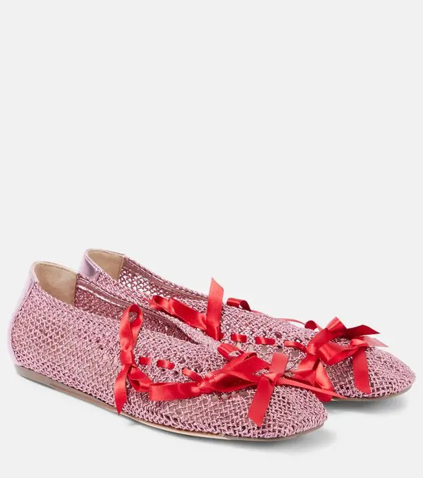 Simone Rocha Red Bow Detail Crochet Ballet Flats - Pink