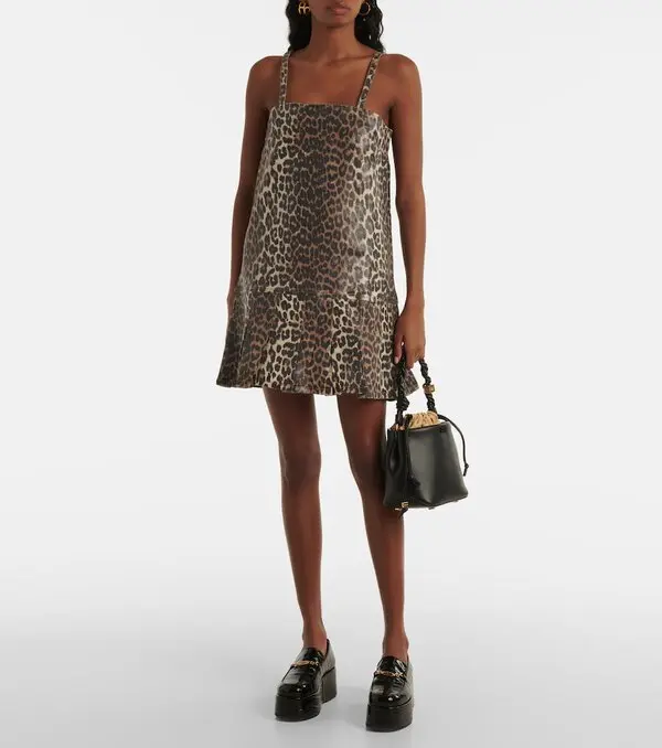 GANNI Leopard-print Denim Minidress - Brown