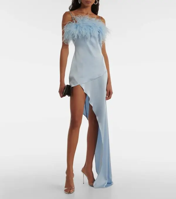 feather dress blue Chic Sheath/Column Light Sky Blue Long Prom Dress Thigh Split Sequins  Feather Evening Dress #OPW008