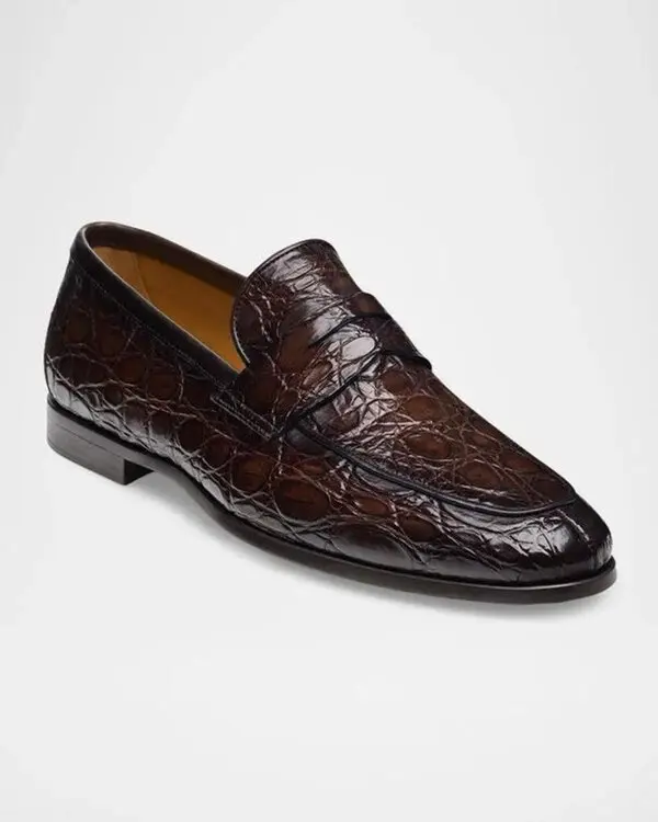 Magnanni Vicente Croc Leather Penny Loafers - Brown