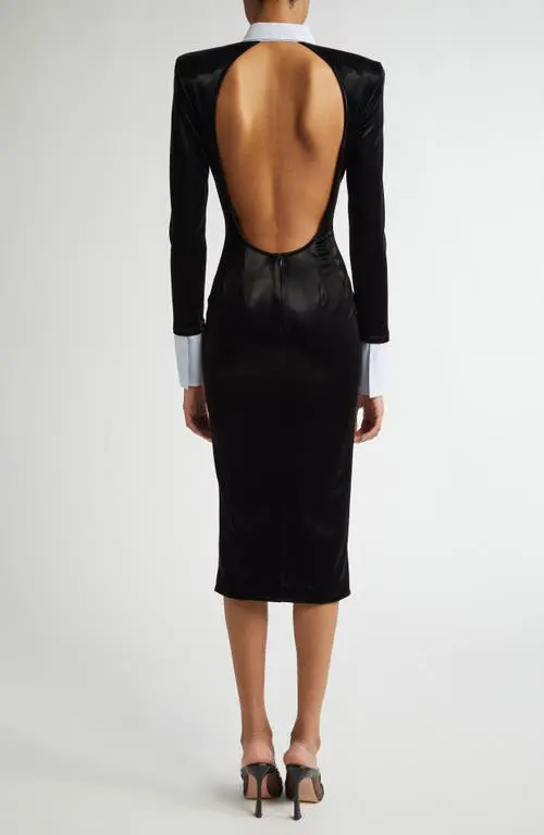 Laquan Smith Long Sleeve Faux Leather & Poplin Dress In Black/Light Blue -  40% Off | Editorialist