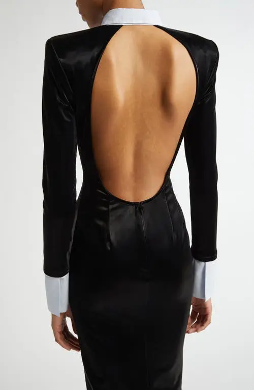 Laquan Smith Long Sleeve Faux Leather & Poplin Dress In Black/Light Blue -  40% Off | Editorialist