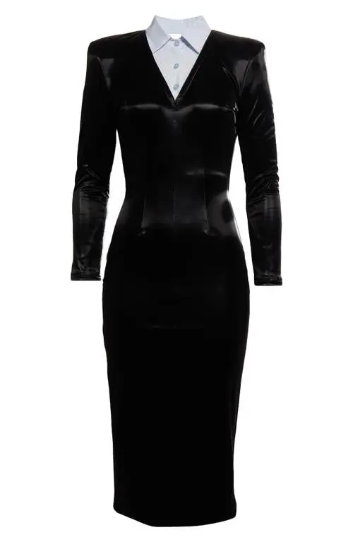Laquan Smith Long Sleeve Faux Leather & Poplin Dress In Black/Light Blue -  40% Off | Editorialist
