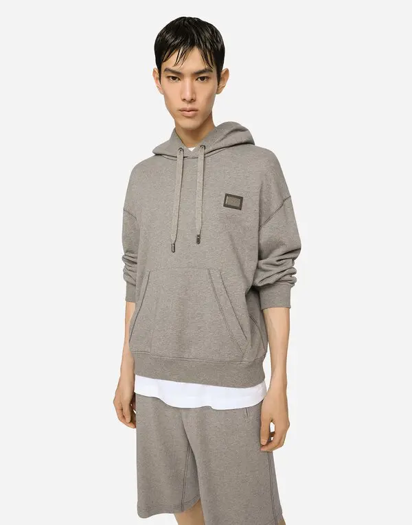 Dolce & Gabbana Cotton Jersey Hoodie With Branded Tag - Grey