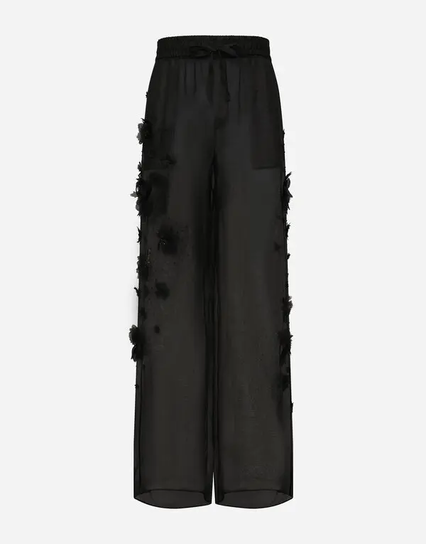 Dolce & Gabbana Silk Organza Jogging Pants With Embroidery - Black