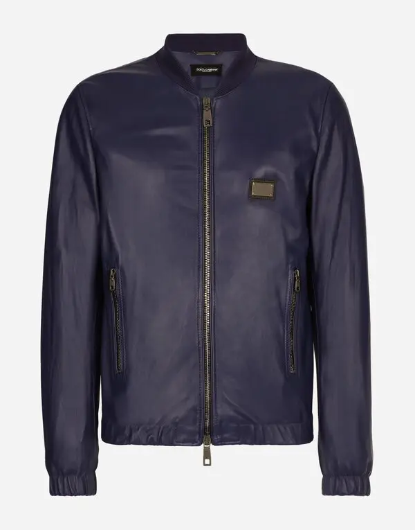 Dolce & Gabbana Leather Jacket With Logo Tag - Blue