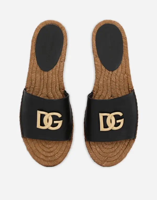 Dolce & Gabbana Nappa Leather Espadrille Sliders With Dg Logo - Black