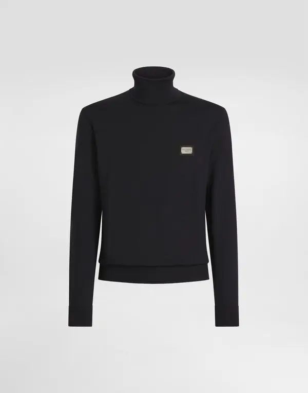 Dolce & Gabbana Wool Turtle-neck Sweater With Branded Tag - Blue