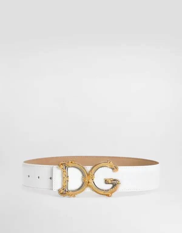 Dolce & Gabbana Leather Belt With Baroque Dg Logo - White