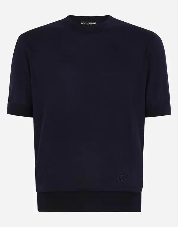 Dolce & Gabbana Silk V-neck Sweater With Dg Embroidery - Blue