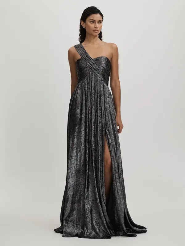 AMUR Metallic One-shoulder Maxi Dress