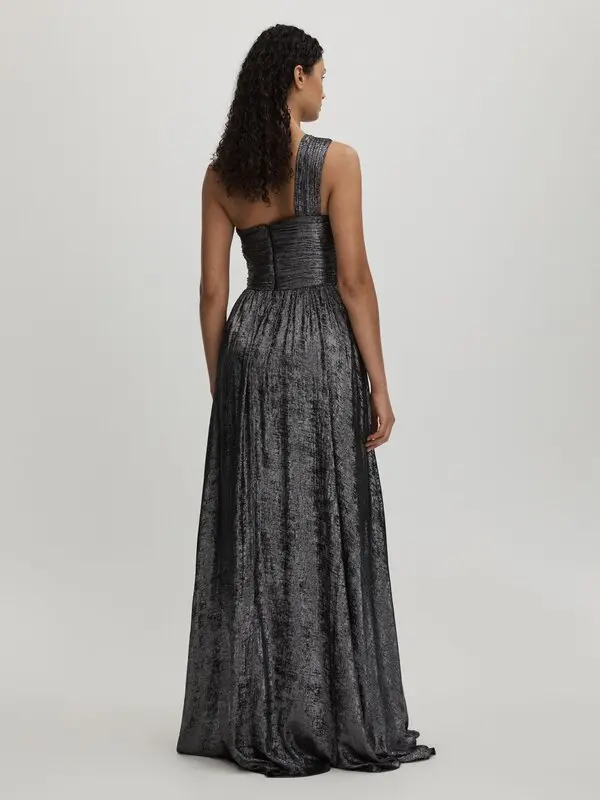 AMUR Metallic One-shoulder Maxi Dress