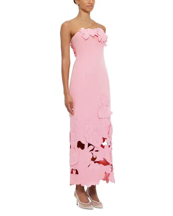 LEO LIN Rayna Crepe Strapless Maxi Dress With Floral Appliques - Flamingo