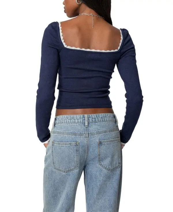 EDIKTED Ansley Lacey Cable Knit Top - Navy