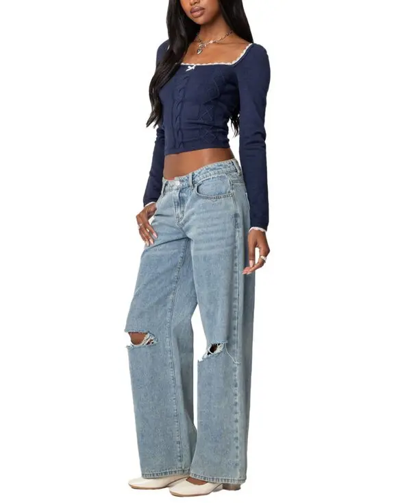 EDIKTED Ansley Lacey Cable Knit Top - Navy