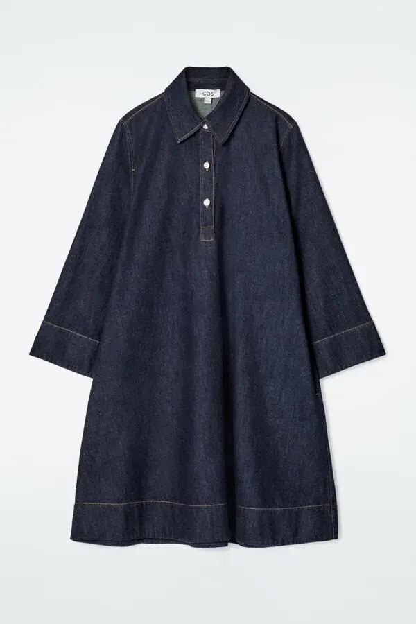 cos mini denim dress PANELED DENIM MINI DRESS - LIGHT BLUE