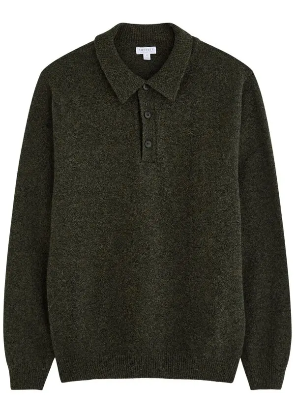Sunspel Wool Polo Jumper - Dark Green