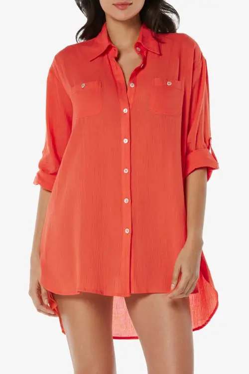 Helen Jon Camp Shirt Cover-up - Coral