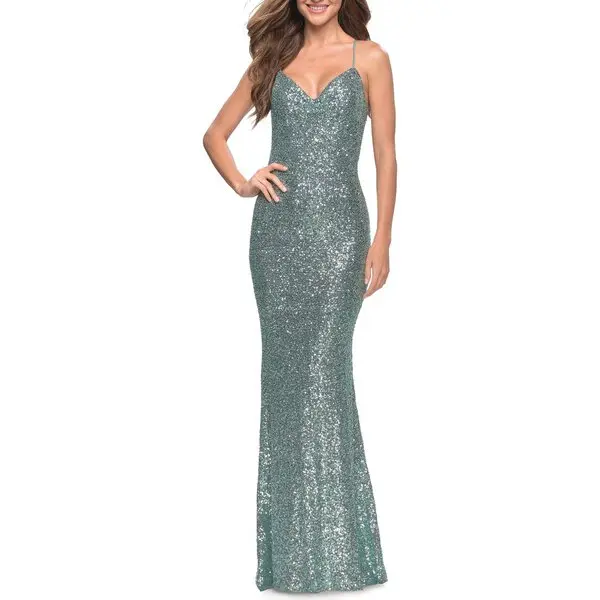 La Femme Soft Sequin Gown With Lace-up Back - Mint