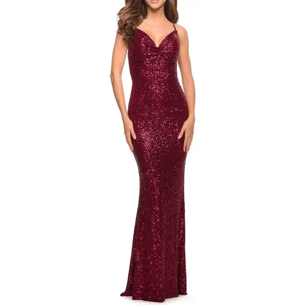 La Femme Soft Sequin Gown With Lace-up Back - Wine