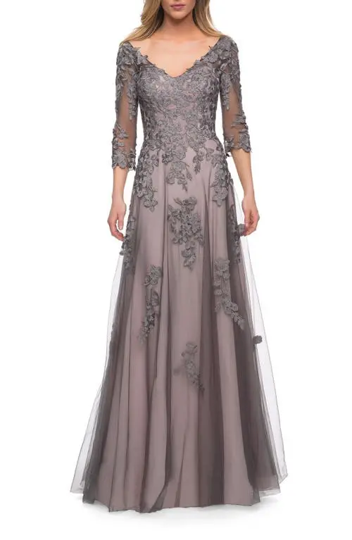 La Femme Lace A-line Gown With Sleeves - Pink/gray
