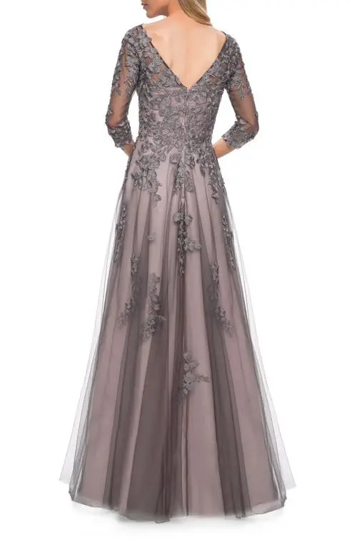 La Femme Lace A-line Gown With Sleeves - Pink/gray