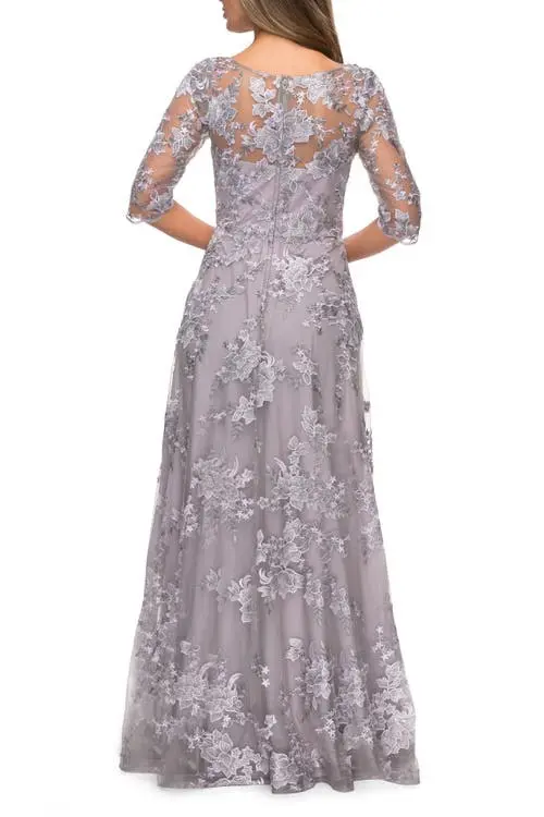 La Femme Cap Sleeve Evening Gown With Lace